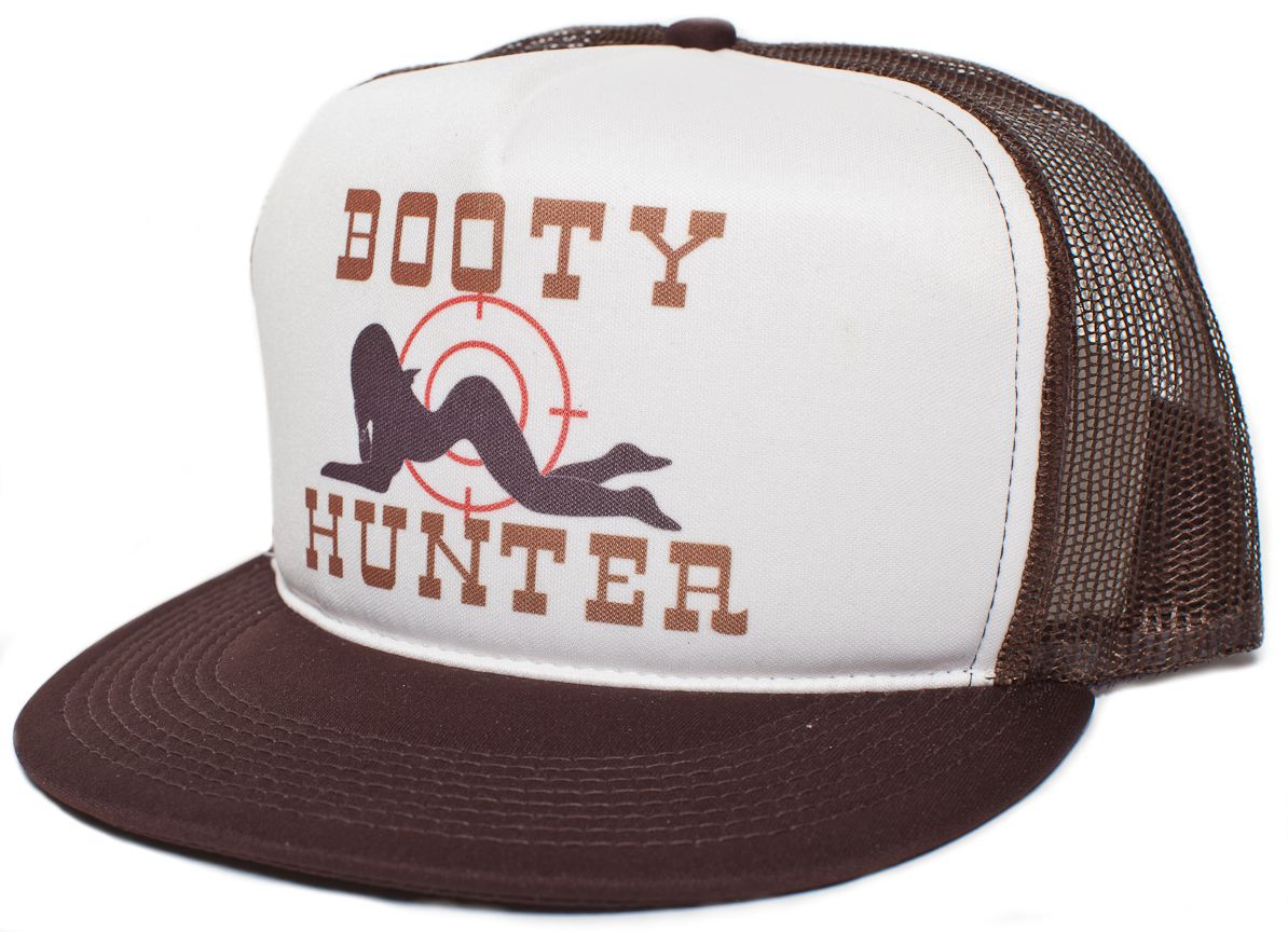 BOOTY HUNTER Funny Hat Cap Baseball Trucker Snapback Flat Brim Brown P ...